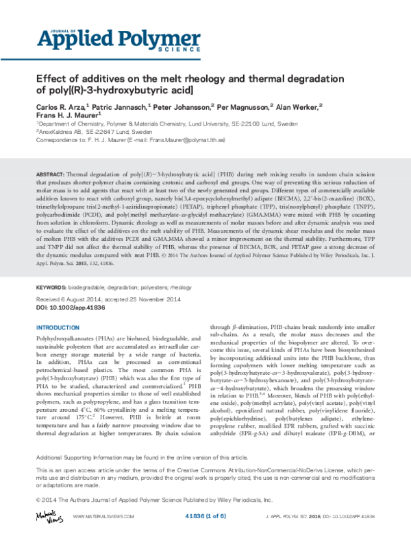 (PDF) Effect of additives on the melt rheology and thermal degradation of poly[(R)‐3 ...
