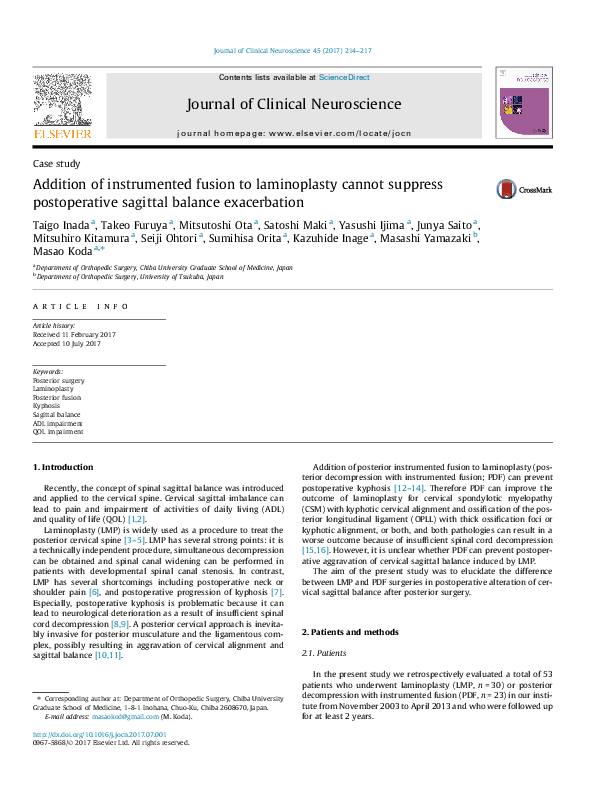 (PDF) Addition of instrumented fusion to laminoplasty cannot suppress ...