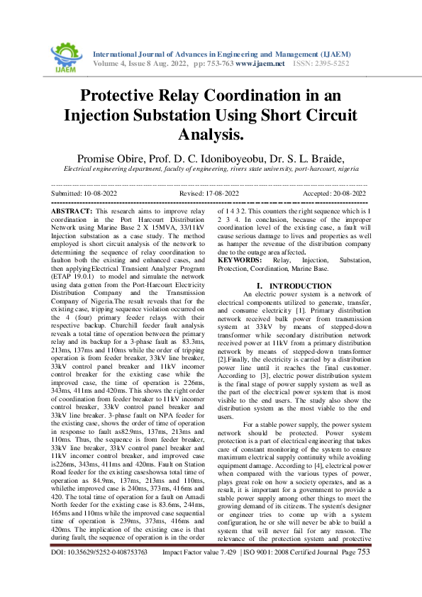 (PDF) Protective Relay Coordination in an Injection Substation Using Short Circuit Analysis