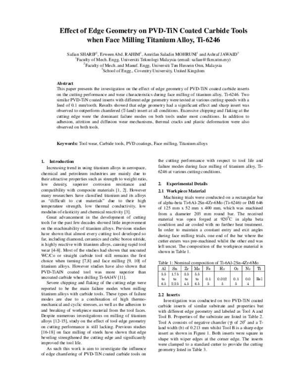 (PDF) Effect of edge geometry on PVD-TiN coated carbide tools when face ...
