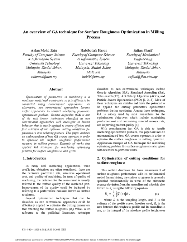 Pdf An Overview Of Ga Technique For Surface Roughness Optimization In Milling Process