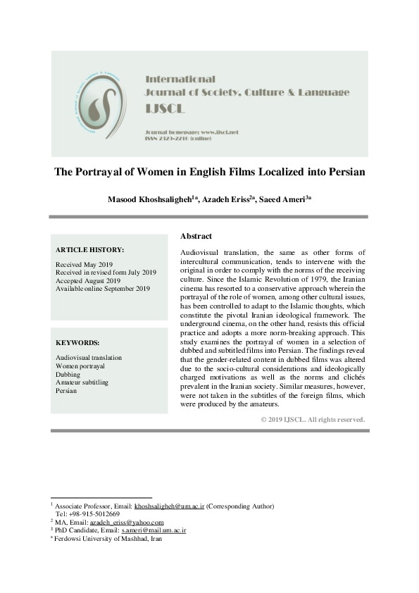(PDF) The Portrayal of Women in English Films Localized into Persian