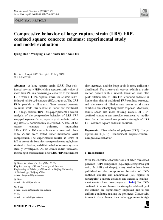 (PDF) Compressive behavior of large rupture strain (LRS) FRP-confined ...