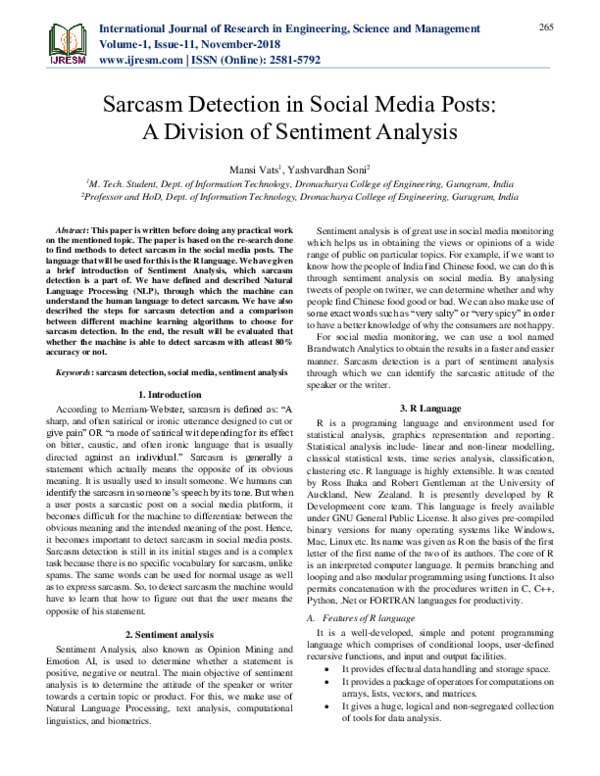 (PDF) Sarcasm detection in social media posts: A division of sentiment analysis