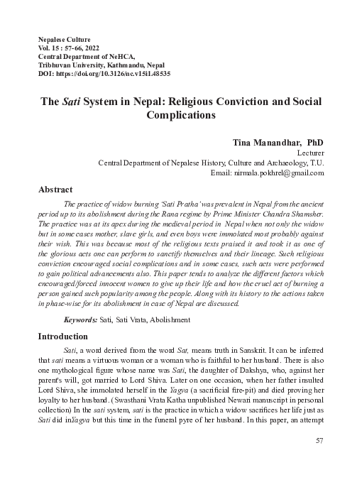 (PDF) The Sati System in Nepal: Religious Conviction and Social ...