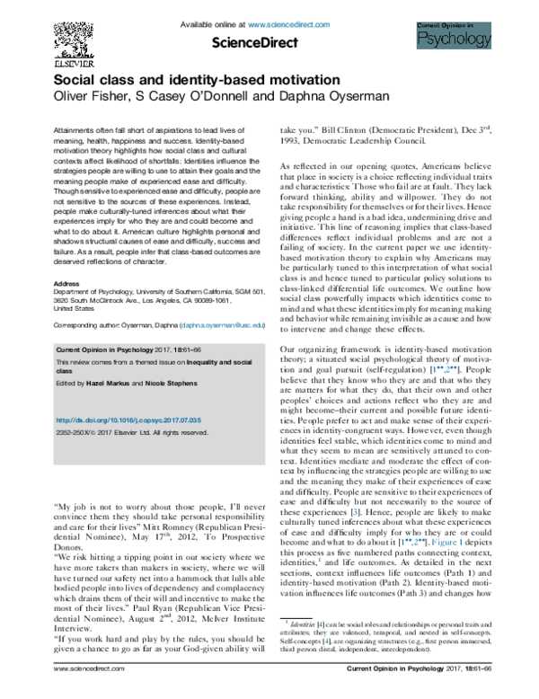 (PDF) Social class and identity-based motivation