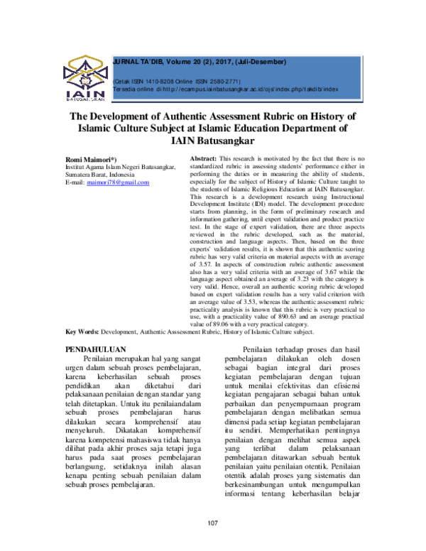 (PDF) Pengembangan Rubrik Penilaian Otentik Pada Mata Kuliah Ski Dan Pembelajarannya Pada ...