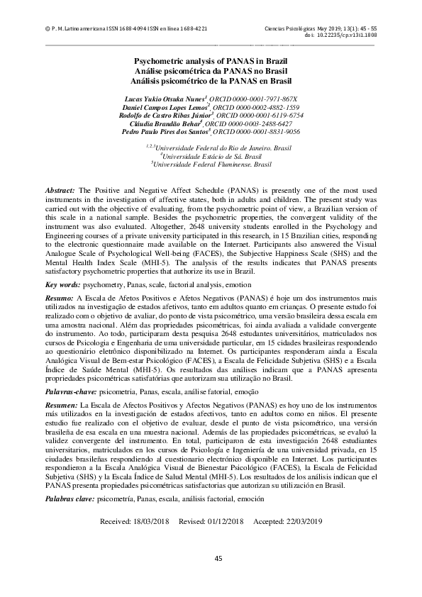 (PDF) Análisis psicométrico de la PANAS en Brasil