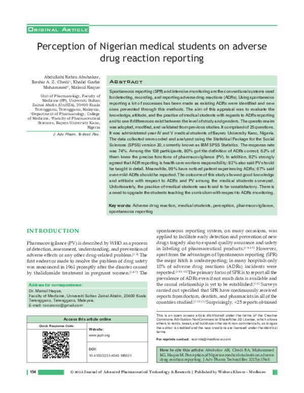 (PDF) Perception of Nigerian medical students on adverse drug reaction ...
