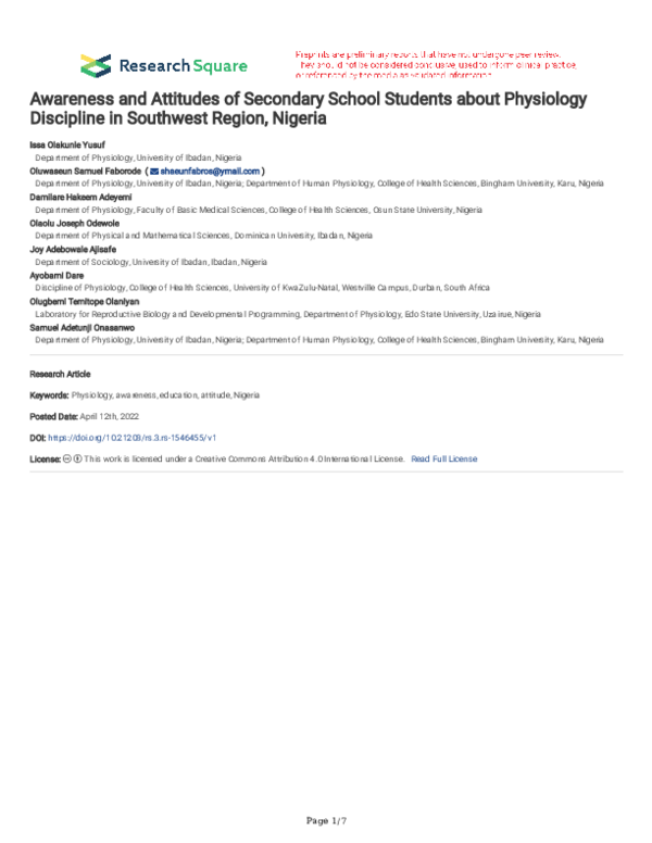 (PDF) Physiology Awareness Among Nigerian Students