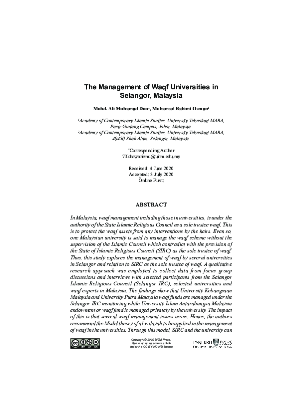 (PDF) The Management of Waqf Universities in Selangor, Malaysia