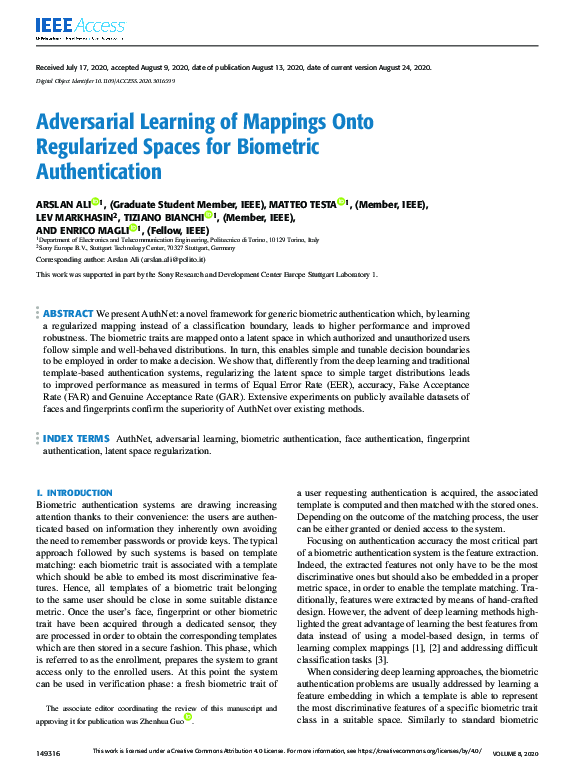 Pdf Adversarial Learning Of Mappings Onto Regularized Spaces For Biometric Authentication