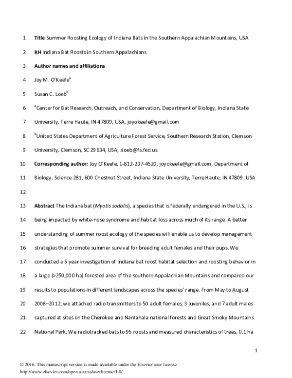 (PDF) Indiana bats roost in ephemeral, fire-dependent pine snags in the ...
