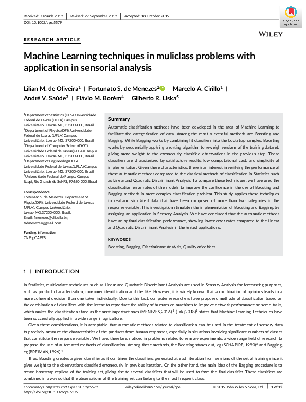 (PDF) Machine Learning techniques in muliclass problems with application in sensorial analysis