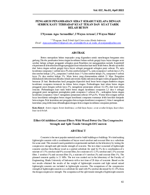 (PDF) Pengaruh Penambahan Serat Serabut Kelapa Dengan Serbuk Kayu Terhadap Kuat Tekan Dan Kuat ...