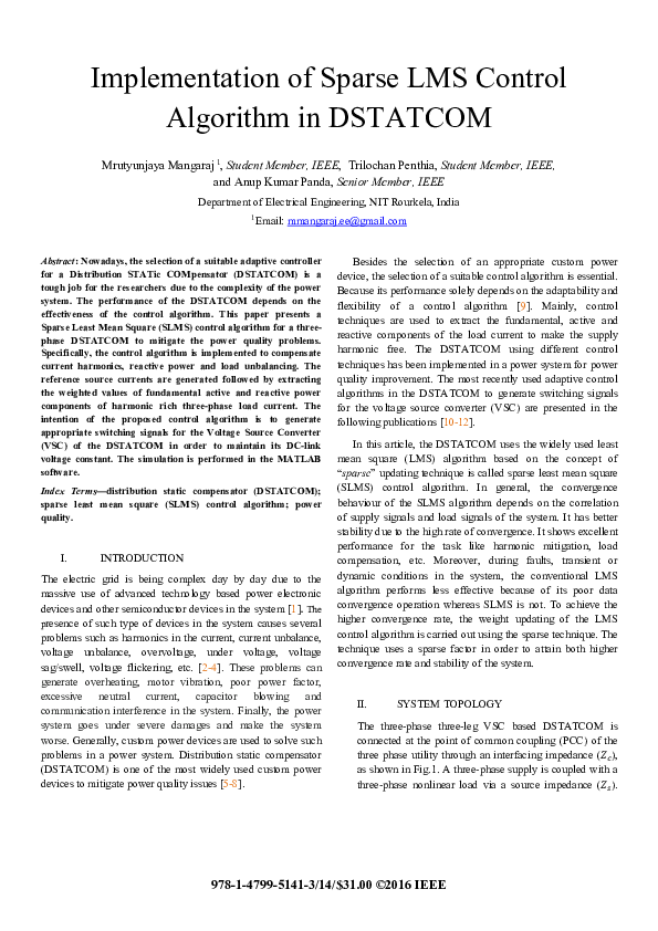 Pdf Implementation Of Sparse Lms Control Algorithm In Dstatcom