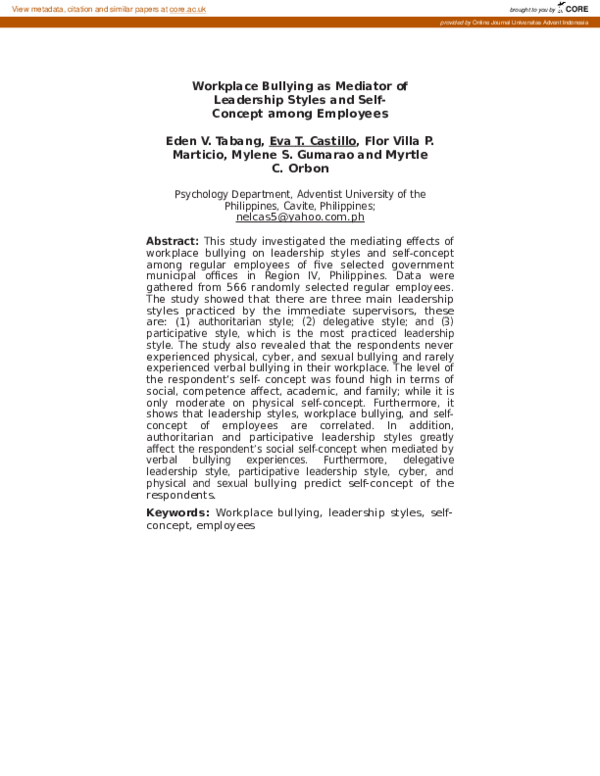 (PDF) Workplace Bullying as Mediator of Leadership Styles and Self ...