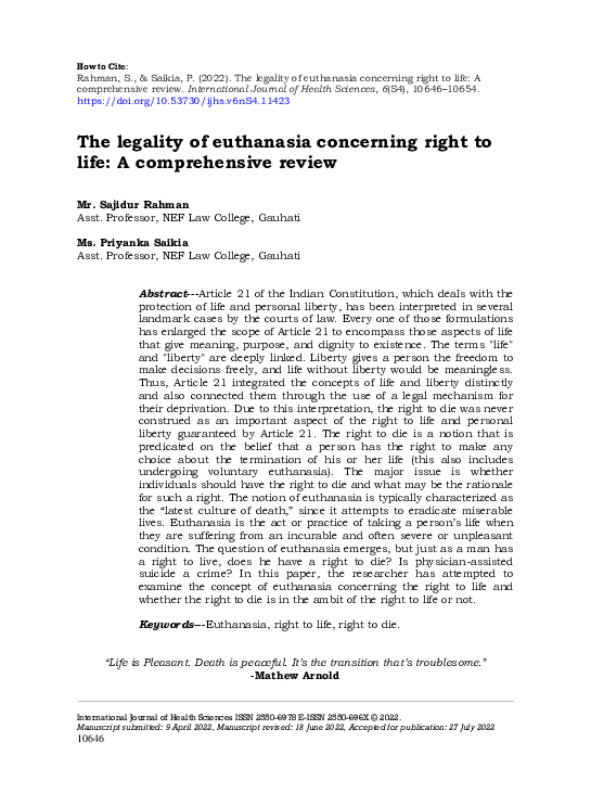 (PDF) Legality of Euthanasia Concerning Right to Life