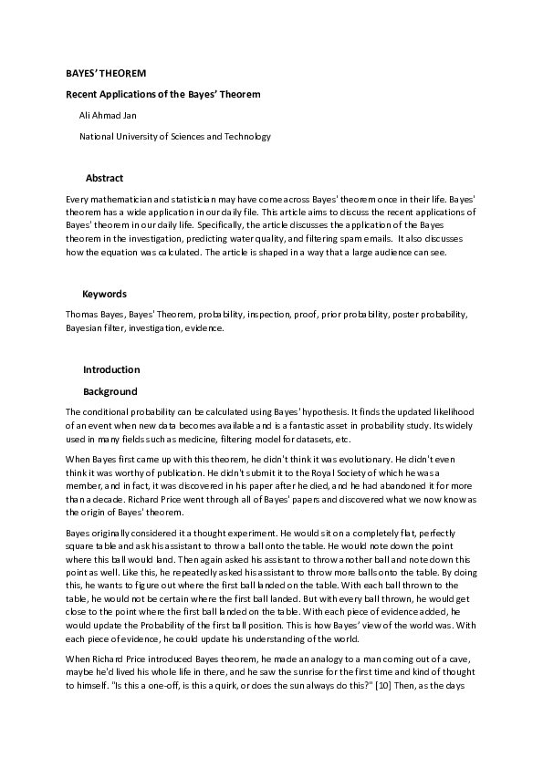 (PDF) BAYES' THEOREM: Recent Applications of the Bayes' Theorem (PDF) BAYES' THEOREM: Recent Applications of the Bayes' Theorem