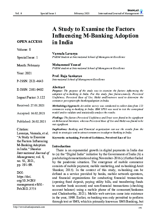 (PDF) A Study to Examine the Factors Influencing M-Banking Adoption in India
