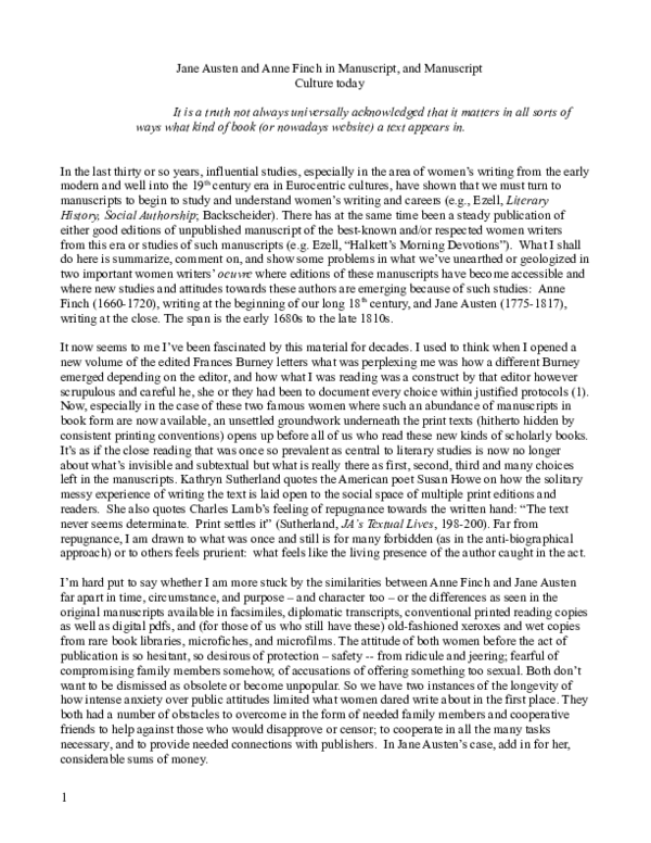(DOC) Jane Austen and Anne Finch in Manuscripts and Manuscript Culture ...