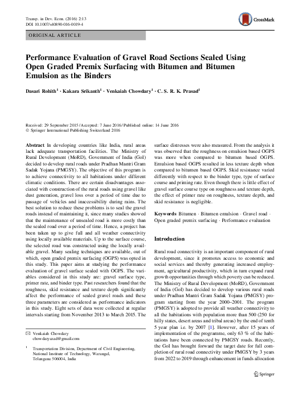(PDF) Performance Evaluation of Gravel Road Sections Sealed Using Open ...