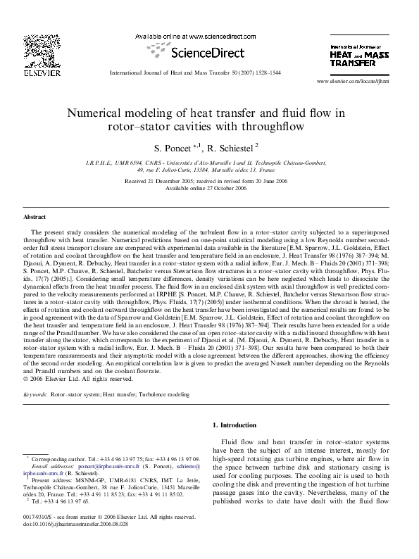 (PDF) Numerical modeling of heat transfer and fluid flow in rotor-stator cavities with throughflow