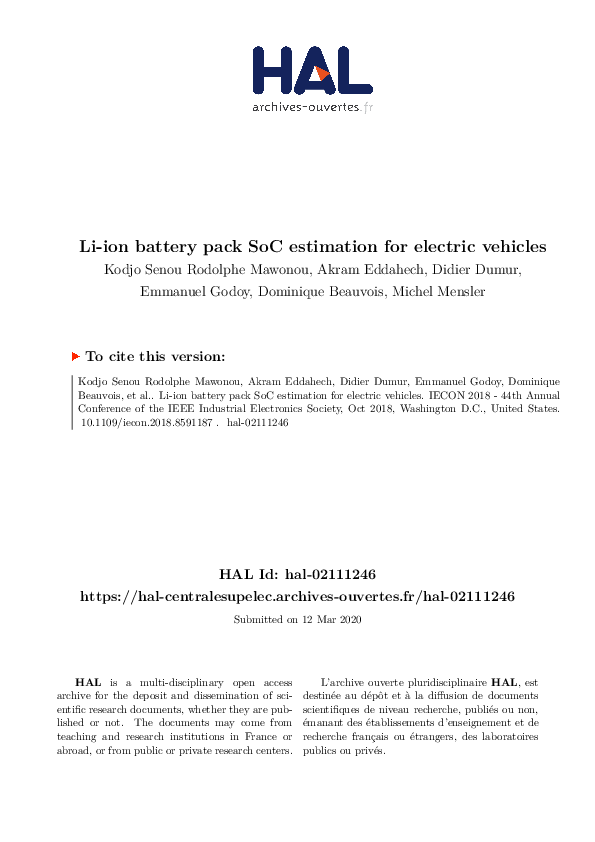 Pdf Li Ion Battery Pack Soc Estimation For Electric Vehicles