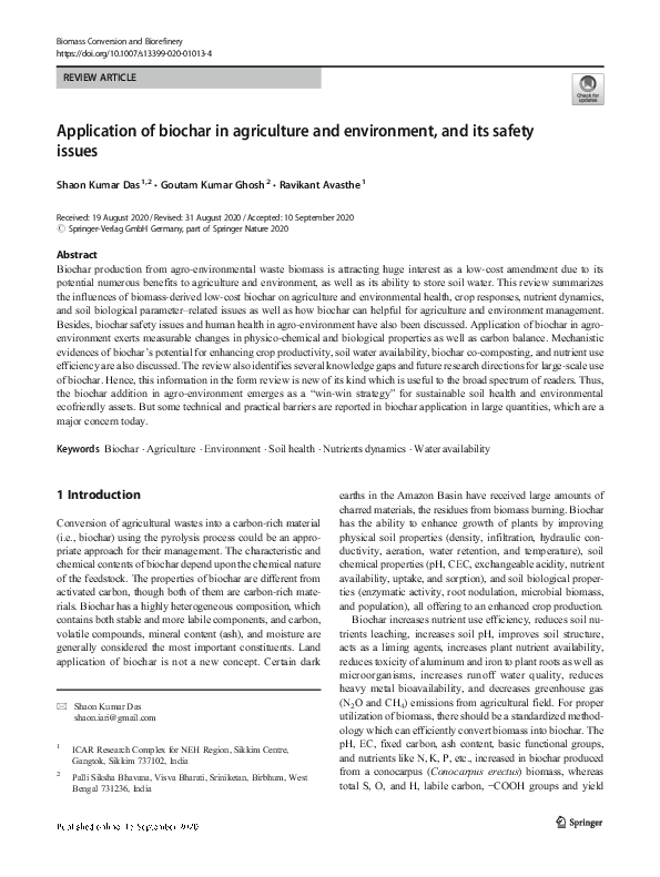 Pdf Application Of Biochar In Agriculture And Environment And Its
