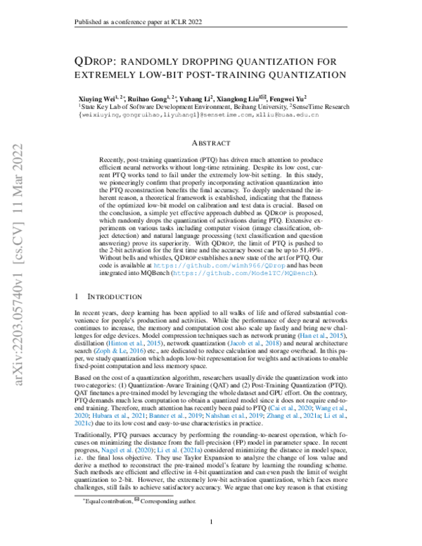 (PDF) QDrop: Randomly Dropping Quantization for Extremely Low-bit Post-Training Quantization