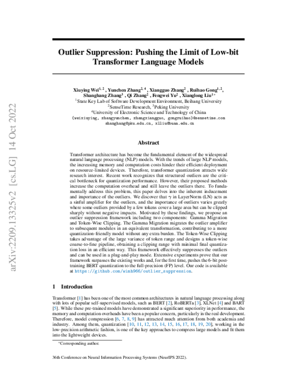 (PDF) Outlier Suppression: Pushing the Limit of Low-bit Transformer ...