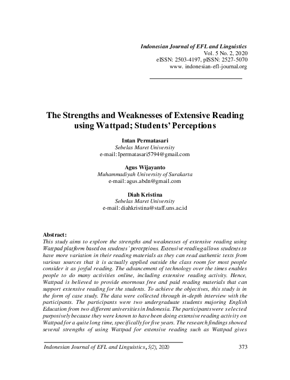 (PDF) The Strengths and Weaknesses of Extensive Reading using Wattpad ...