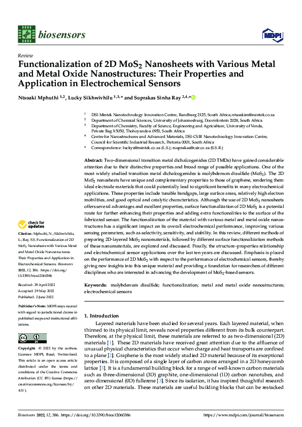 (PDF) Functionalization of 2D MoS2 Nanosheets with Various Metal and ...