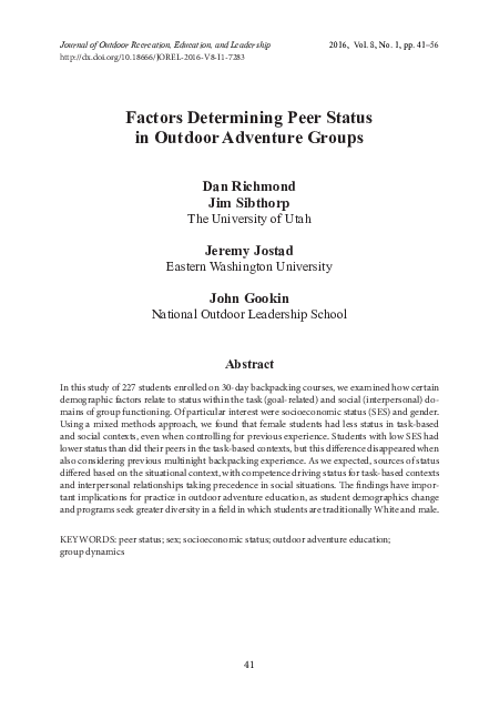 (PDF) Factors Determining Peer Status in Outdoor Adventure Groups