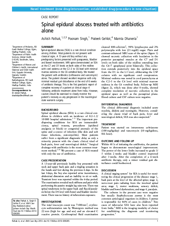 (PDF) Spinal epidural abscess treated with antibiotics alone | Poonam ...