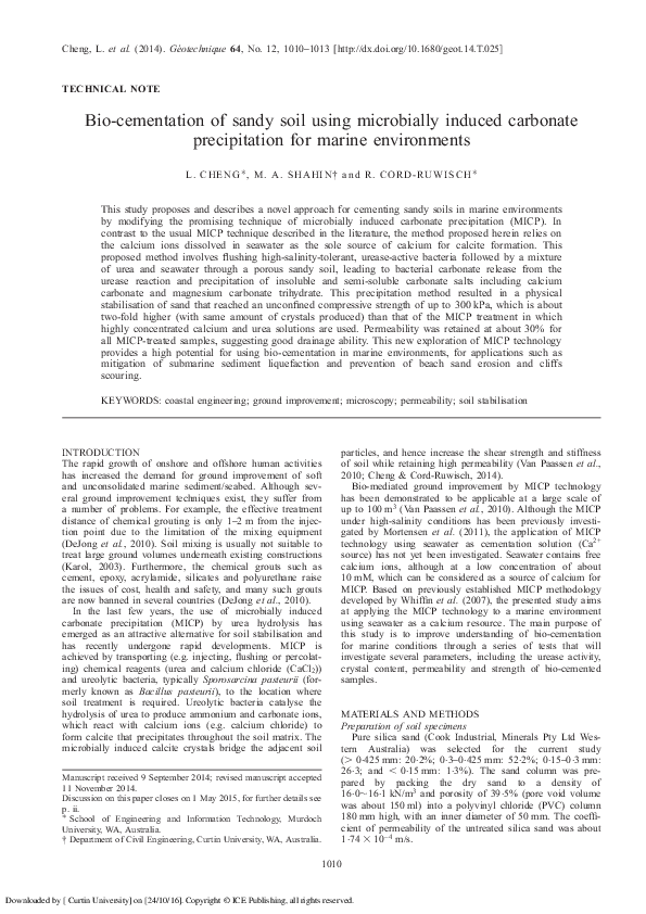 (PDF) Bio-cementation of sandy soil using microbially induced carbonate ...