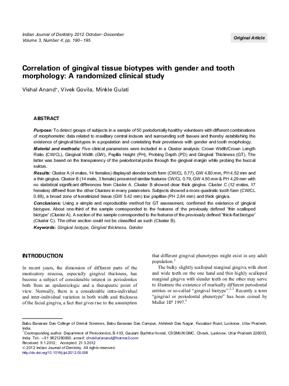 (PDF) Correlation of gingival tissue biotypes with gender and tooth ...
