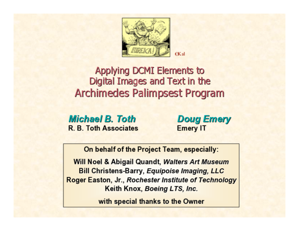 (PDF) Applying DCMI Elements to Digital Images and Text in the Archimedes Palimpsest Program