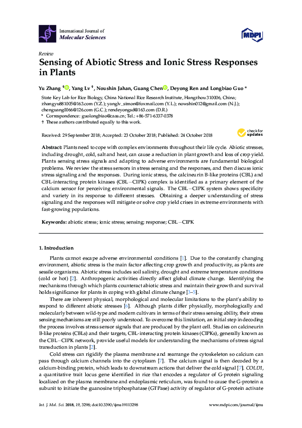(PDF) Sensing of Abiotic Stress and Ionic Stress Responses in Plants