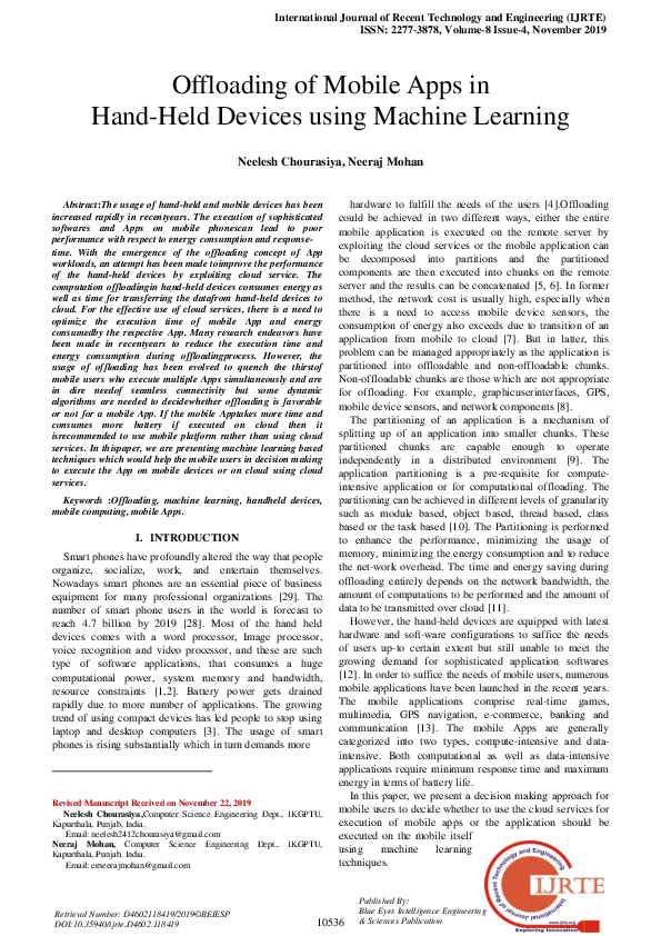 (PDF) Offloading of Mobile Apps in Hand-Held Devices using Machine Learning