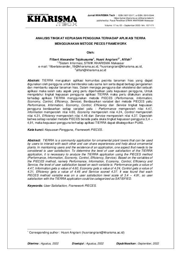 (PDF) Analisis Tingkat Kepuasan Pengguna Terhadap Aplikasi Tierra Menggunakan Metode Pieces ...