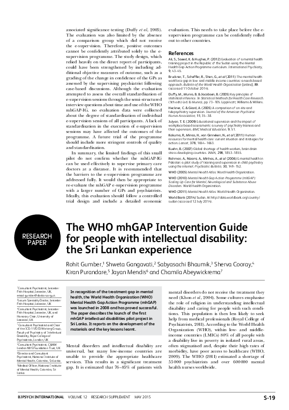 (PDF) The WHO mhGAP Intervention Guide for people with intellectual ...