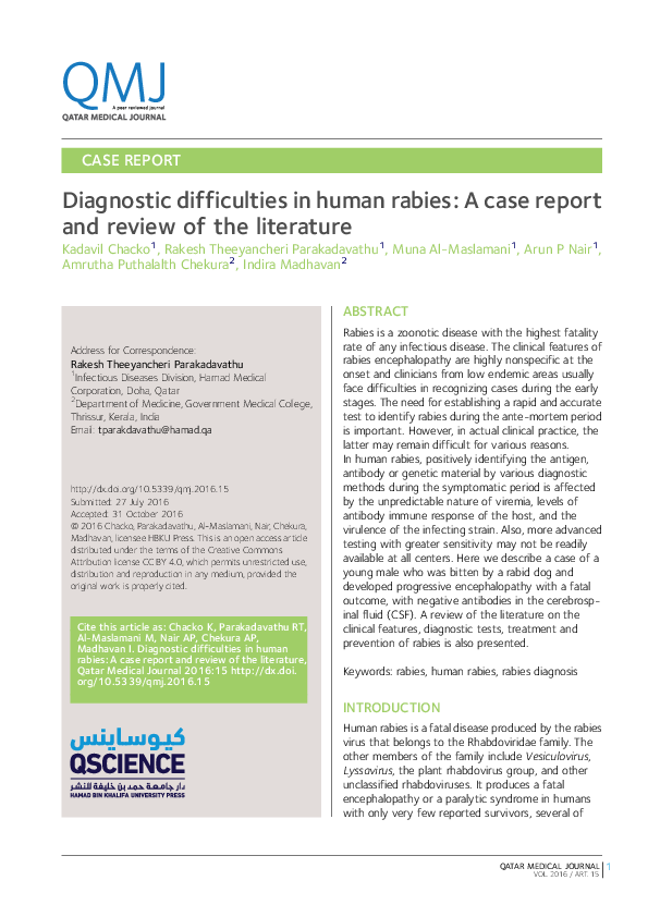 (PDF) Diagnostic difficulties in human rabies: A case report and review ...