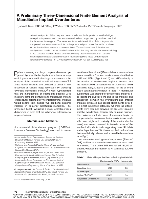 Pdf A Preliminary Three Dimensional Finite Element Analysis Of Mandibular Implant Overdentures