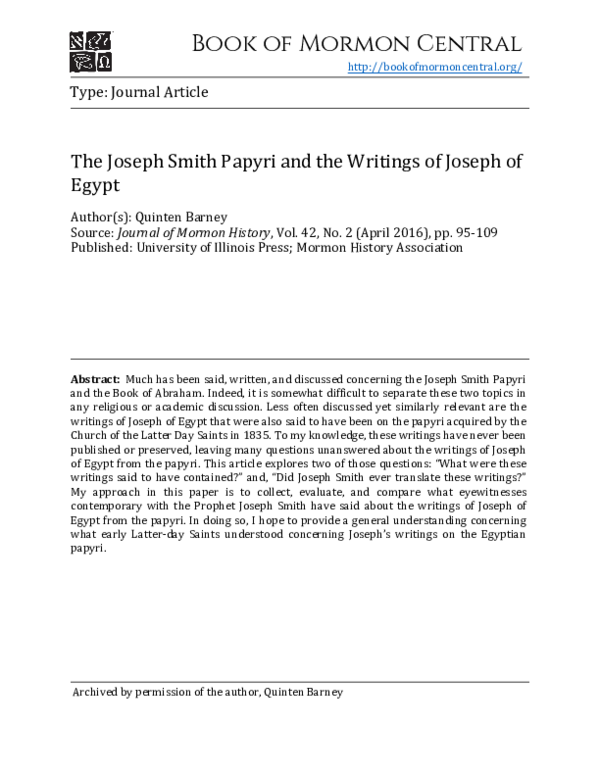 (PDF) The Joseph Smith Papyri and the Writings of Joseph of Egypt
