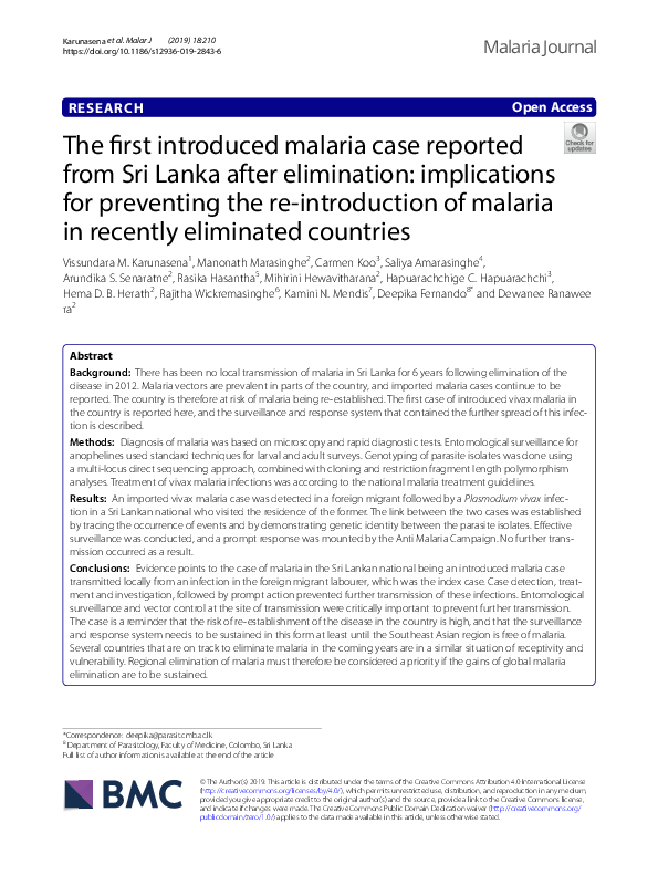 (PDF) The first introduced malaria case reported from Sri Lanka after ...
