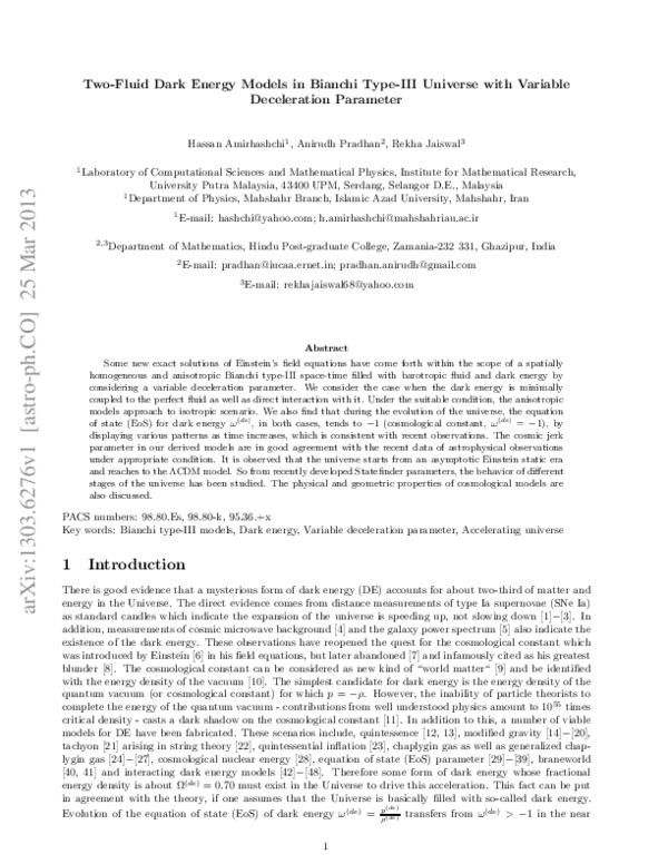 (PDF) Two-Fluid Dark Energy Models in Bianchi Type-III Universe with Variable Deceleration Parameter