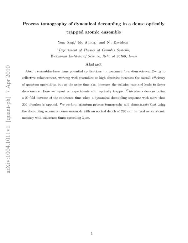 (PDF) Process Tomography of Dynamical Decoupling in a Dense Cold Atomic Ensemble