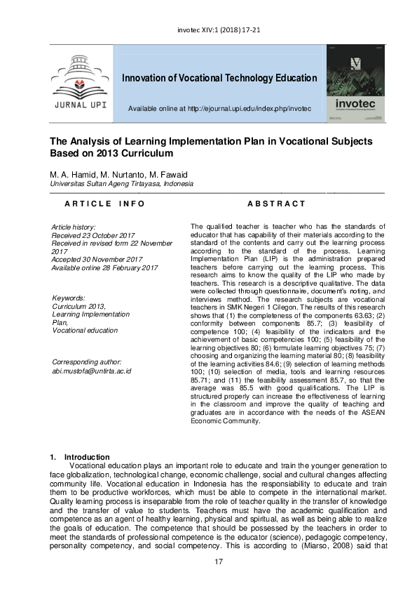 (PDF) The Analysis of Learning Implementation Plan in Vocational Subjects Based on 2013 Curriculum