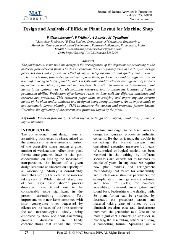 (PDF) Design and Analysis of Efficient Plant Layout for Machine Shop